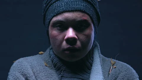 Portrait of young homeless woman crying,... | Stock Video | Pond5