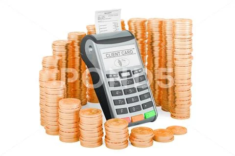 POS terminal with growing chart from gold coins around, 3D rendering ...