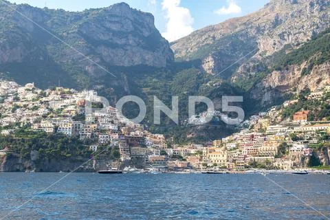 Positano, main beach seen from the sea, amalfi coast, italy ~ Premium ...