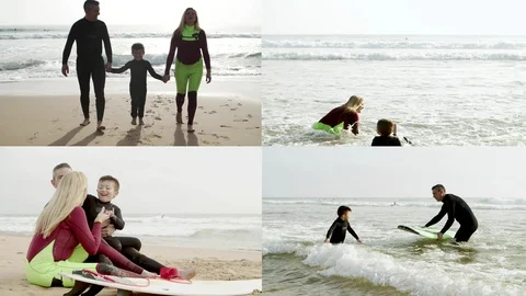 Positive surfer family enjoying activity... | Stock Video | Pond5
