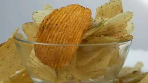 Potato Chips Rotating Bowl of potato chi... | Stock Video | Pond5