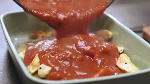 Pouring of tomato sauce on baked pieces ... | Stock Video | Pond5