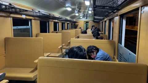 POV inside moving local fan train with p... | Stock Video | Pond5