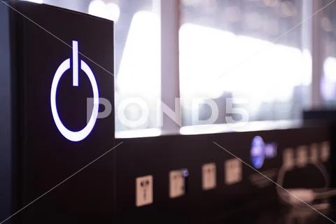 Power button, hardware device concept. bokeh light background Stock ...