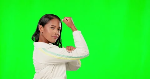 Power, green screen and woman flexing ar... | Stock Video | Pond5