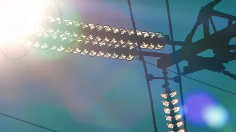 Power lines with sun rays on blue sky. H... | Stock Video | Pond5