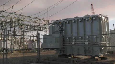 Power substation with power lines and tr... | Stock Video | Pond5