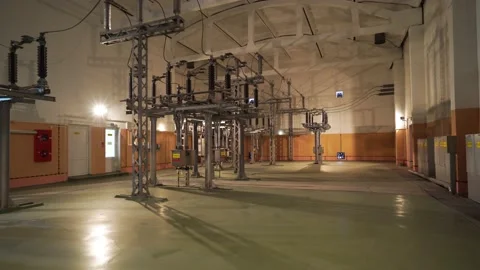 Powerline transformer system, line of el... | Stock Video | Pond5