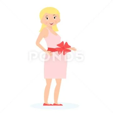 Pregnant woman with gift bow on belly. Expectation concept. Flat style ...