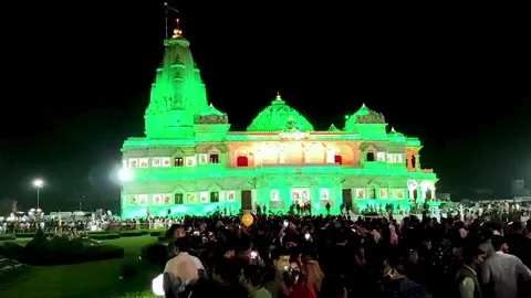 Prem Mandir temple illuminated at night | Stock Video | Pond5
