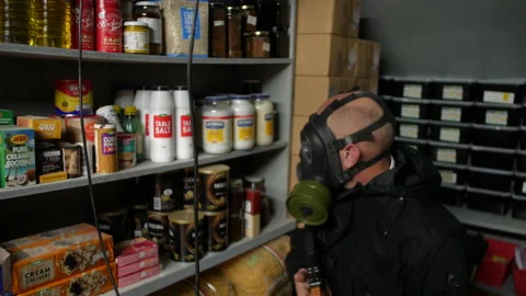 Prepper wearing a gas mask in a fallout ... | Stock Video | Pond5