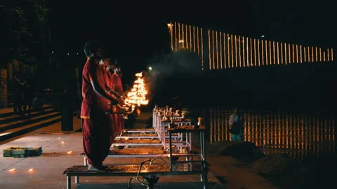 Priest doing aarti at Ganga Ghat, Uttara... | Stock Video | Pond5