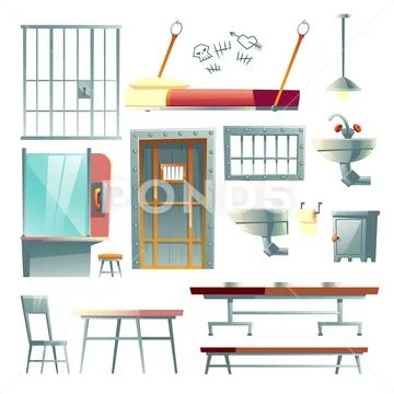 Prison cell interior elements cartoon vector set Illustration #105860384