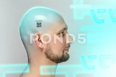Profile of bald man with QR code on head on gray background in studio ...