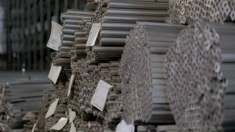 Profile pipe in a covered warehouse, pro... | Stock Video | Pond5