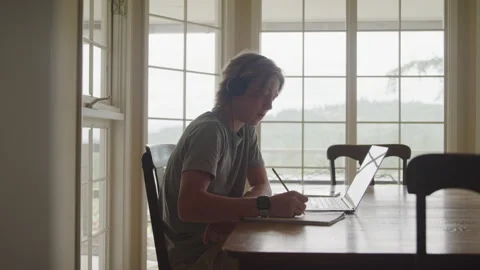 Profile of Teenage Boy Doing Homework Us... | Stock Video | Pond5