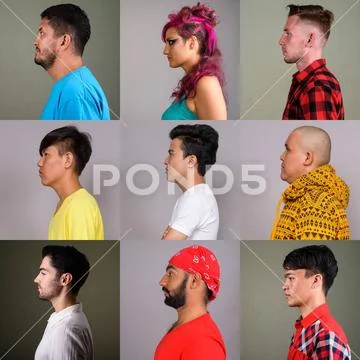 Profile view collage of people faces against studio background Side ...