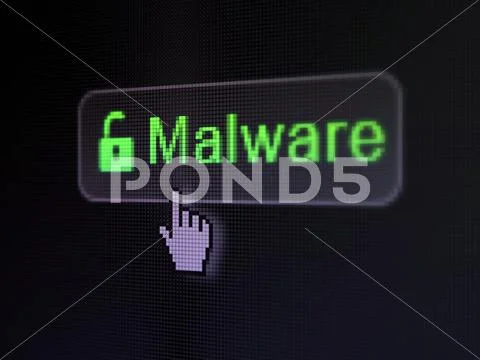 Protection concept: Malware and Opened Padlock on digital button ...
