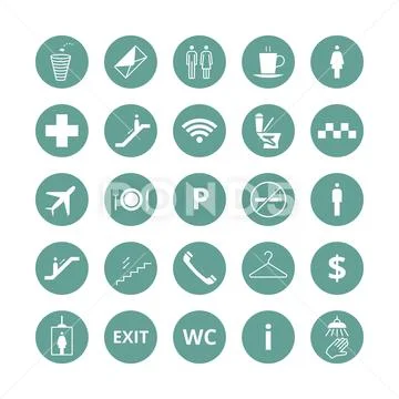 Public place navigation vector icons. Toilet, restaurant and elevator ...