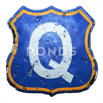 Public road sign in blue and orange color with a capitol white letter Q ...