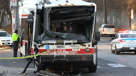 Public transit bus crash into pole at in... | Stock Video | Pond5