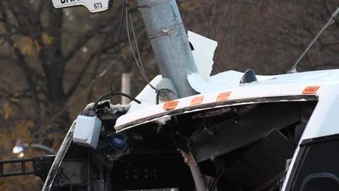 Public transit bus crash into pole at in... | Stock Video | Pond5