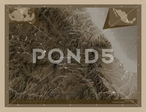 Puebla, Mexico. Sepia. Labelled points of cities: Royalty Free #220209574