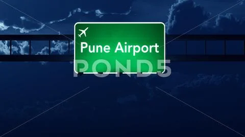 Pune India Airport Highway Road Sign at Night 3D Illustration ...