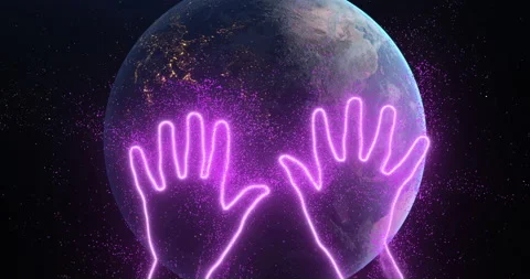 Purple hands wave their palm in space am... | Stock Video | Pond5