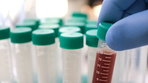 Putting blood vial into laboratory rack | Stock Video | Pond5