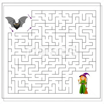 A puzzle game for kids, a maze. bat and witch, Halloween. Vector ...