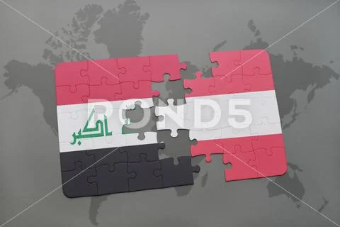 Puzzle with the national flag of iraq and austria on a world map ...
