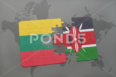 Puzzle with the national flag of lithuania and kenya on a world map ...