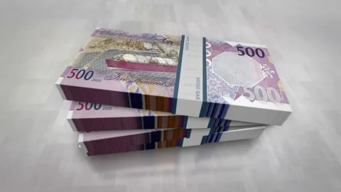 Qatar Riyal money banknote pile packs an... | Stock Video | Pond5