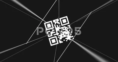 QR code scanner and spinning lines against black background ...
