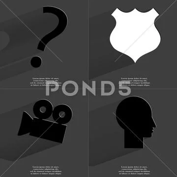 Question mark, Police badge, Film camera, Silhouette icon sign. Set of ...