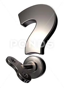 Question mark with wind up key - 3d illustration Illustration #80691632