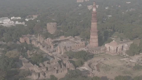 Qutb Minar, India, Delhi, Aerial 4k ungr... | Stock Video | Pond5
