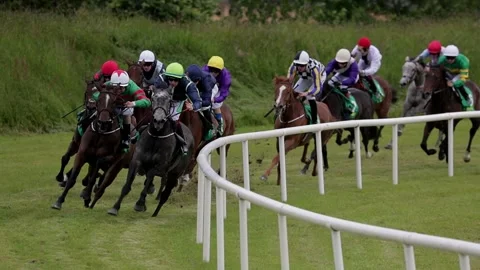 Race horses sprinting around the track i... | Stock Video | Pond5