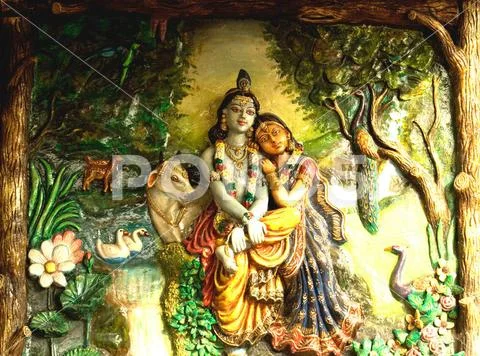 Radha and Lord Krishna in Ras pose at Vrindavan made in plaster of ...