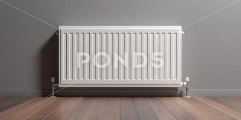 Radiator, room interior, wood floor, gray painted wall, Central heating ...