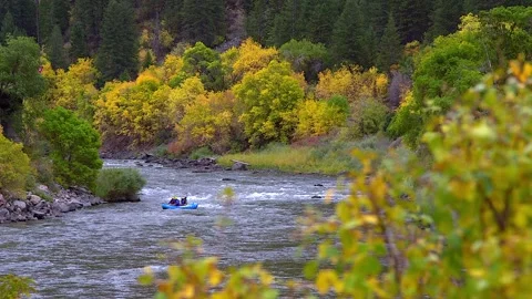 Rafters Float Mountain River In Fall | Stock Video | Pond5