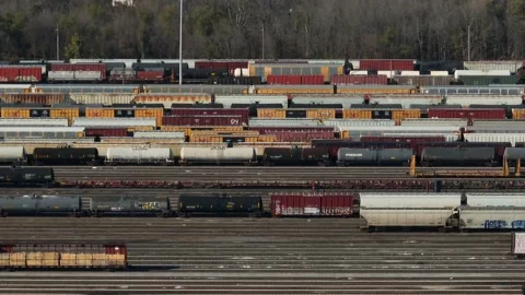 Rail yard freight train cargo containers... | Stock Video | Pond5