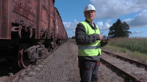 Railway employee using smart phone near ... | Stock Video | Pond5