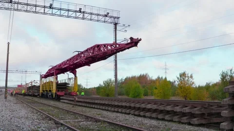railway railroad construction crane unlo... | Stock Video | Pond5