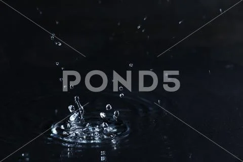 Photograph: Rain drop falling down into puddle on dark background ...