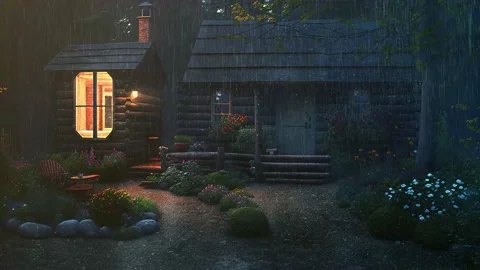 Rain fall cozy cabin in the garden 4k vi... | Stock Video | Pond5
