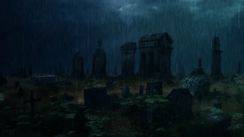 Rain falls on the dark ancient cemetery ... | Stock Video | Pond5