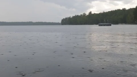 Rain falls on surface of lake. Swimming ... | Stock Video | Pond5