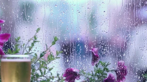 Rain outside the window of the café. A ... | Stock Video | Pond5